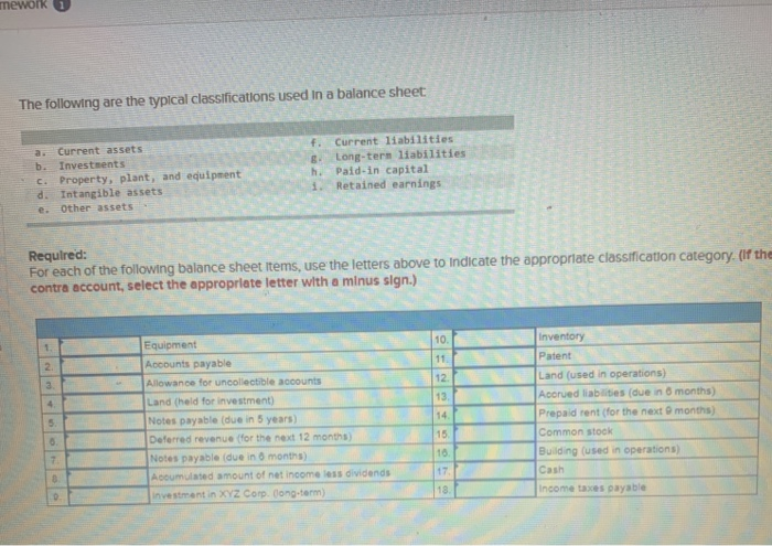 Solved mework The following are the typical classifications | Chegg.com
