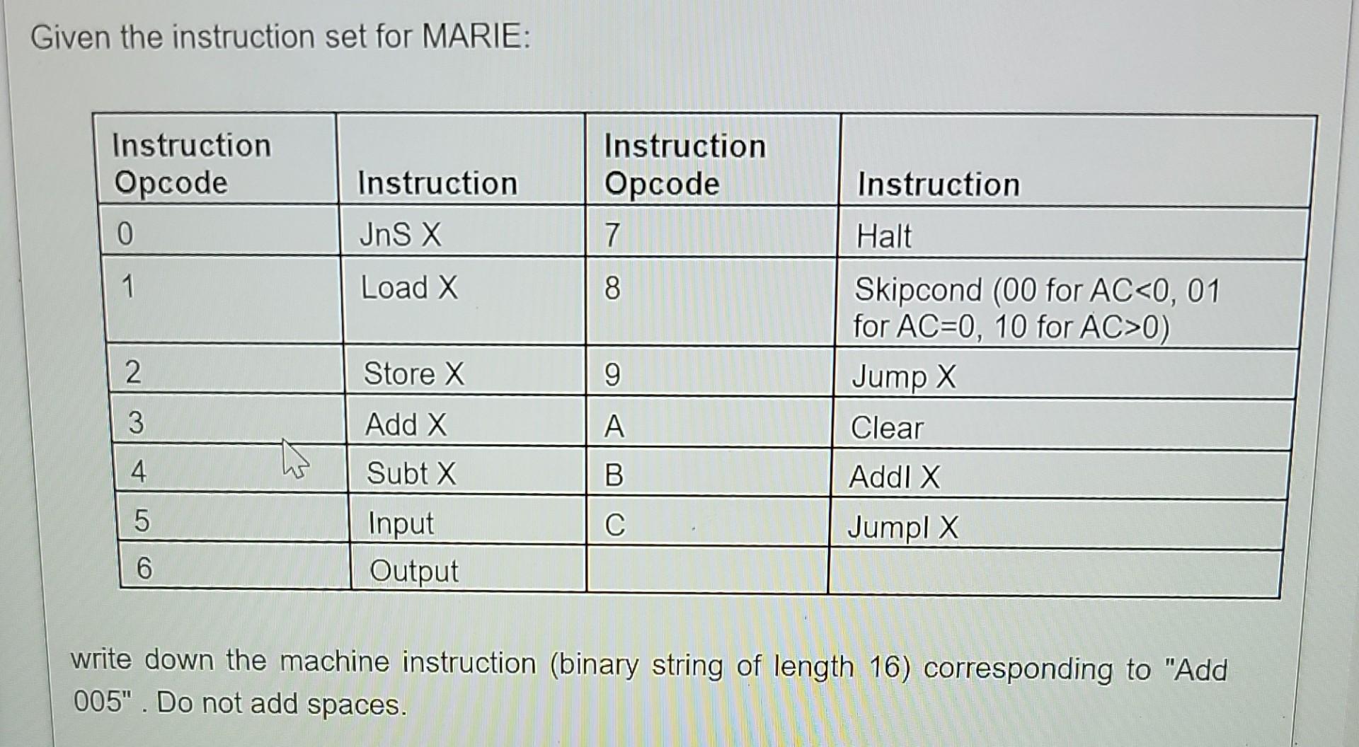 Solved Given the instruction set for MARIE: Instruction | Chegg.com
