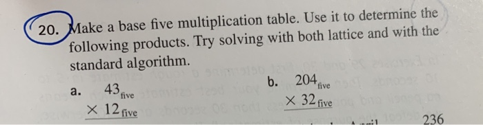 Solved 20. Make a base five multiplication table. Use it to | Chegg.com