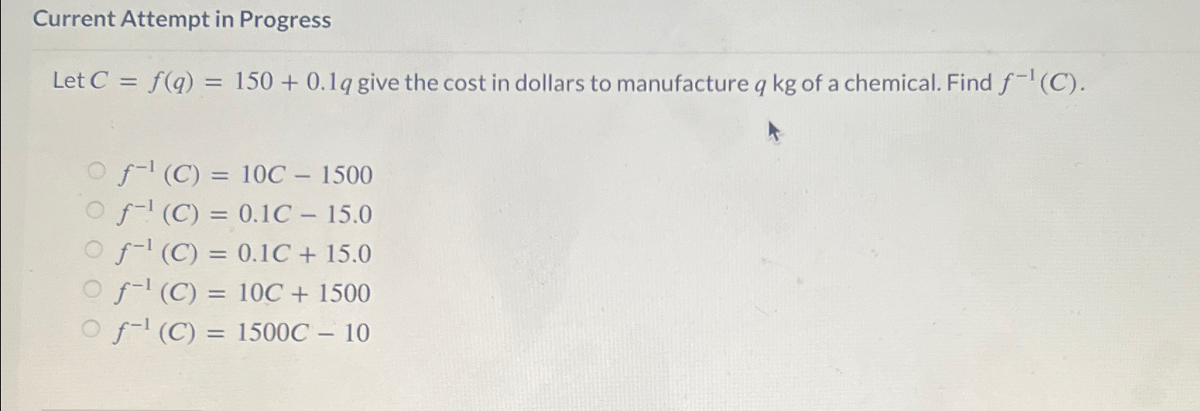 Solved Current Attempt in ProgressLet C=f(q)=150+0.1q ﻿give | Chegg.com