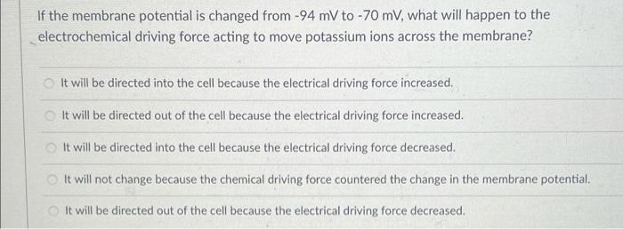 Solved If the membrane potential is changed from -94 mV to | Chegg.com