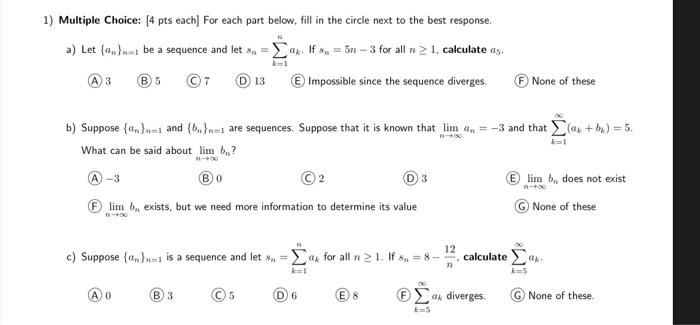 Solved 1) Multiple Choice: [ 4 pts each] For each part | Chegg.com