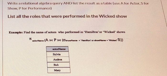 Solved Write a relational algebra query AND list the result | Chegg.com