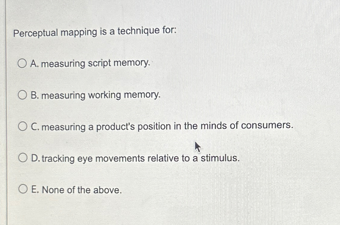 Solved Perceptual mapping is a technique for:A. ﻿measuring | Chegg.com