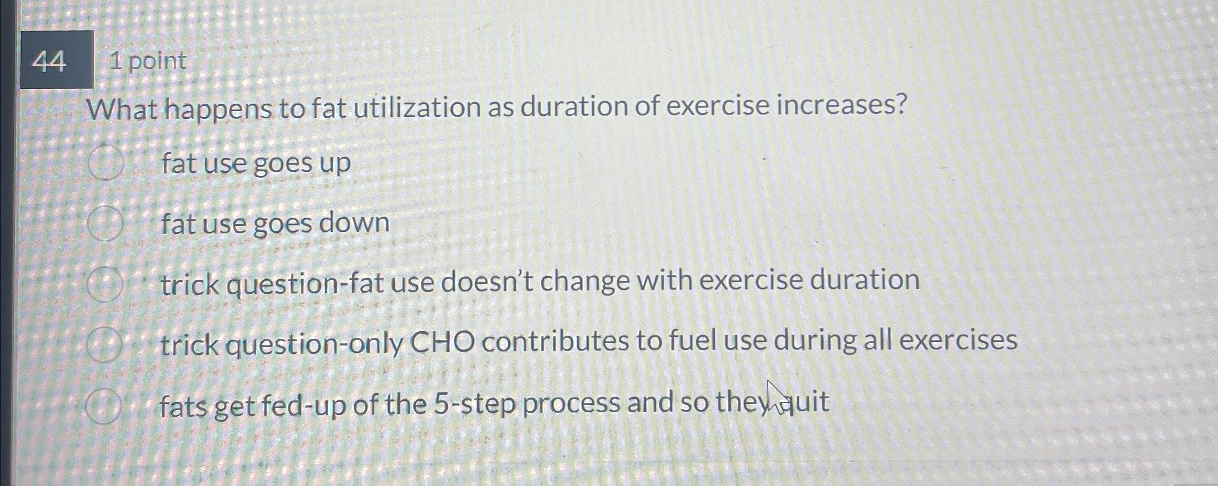 Solved 1 ﻿pointWhat happens to fat utilization as duration | Chegg.com