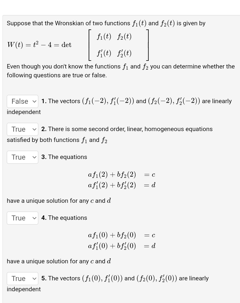 Suppose that the Wronskian of two functions f1(t) and | Chegg.com
