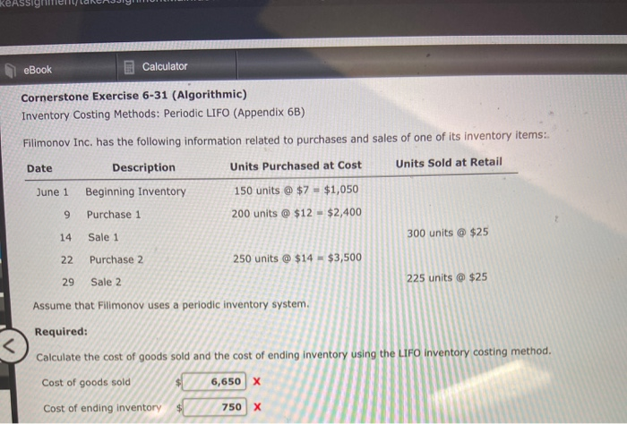 Solved eBook Calculator Cornerstone Exercise 6-31 | Chegg.com