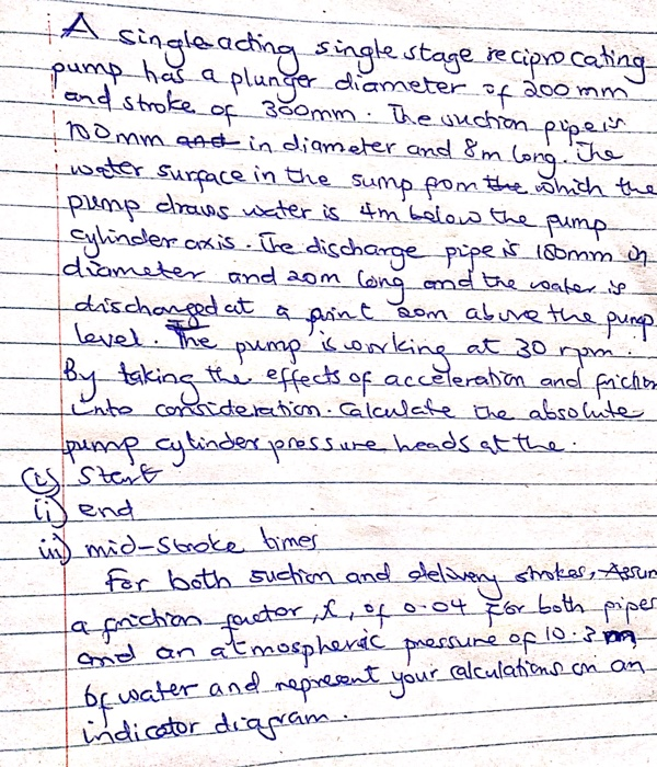 A single acting single stage reciprocating- pump has | Chegg.com
