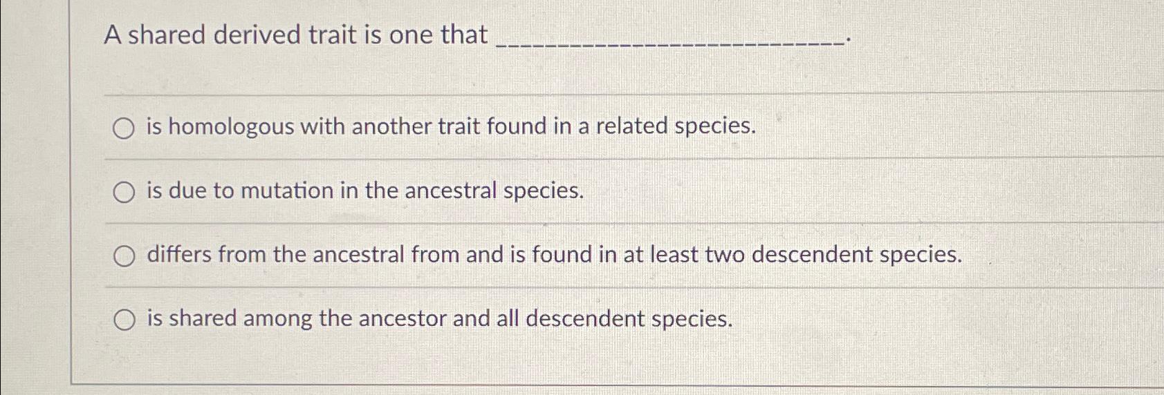 Solved A Shared Derived Trait Is One Thatis Homologous With