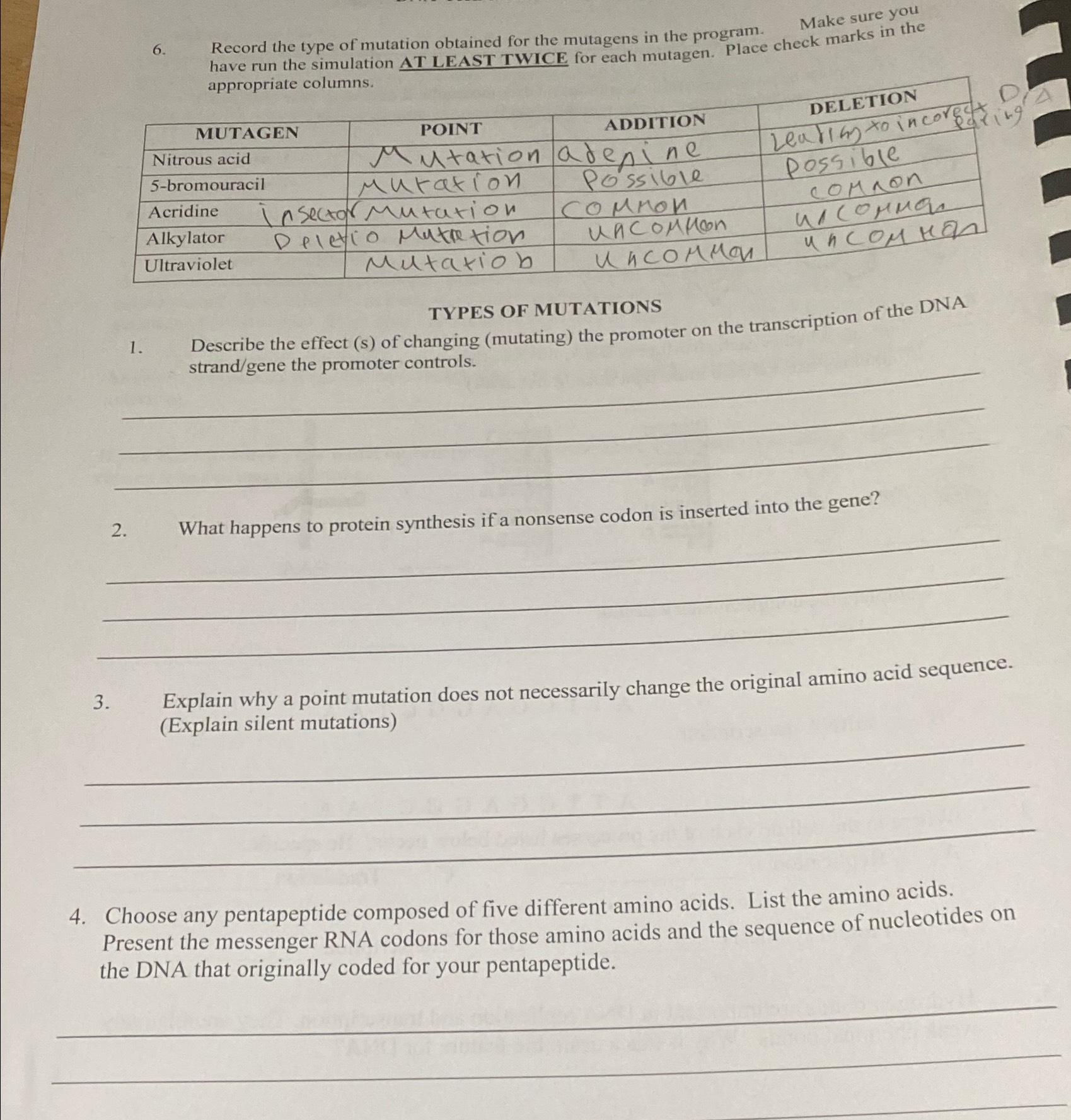 Solved Record the type of mutation obtained for the mutagens | Chegg.com