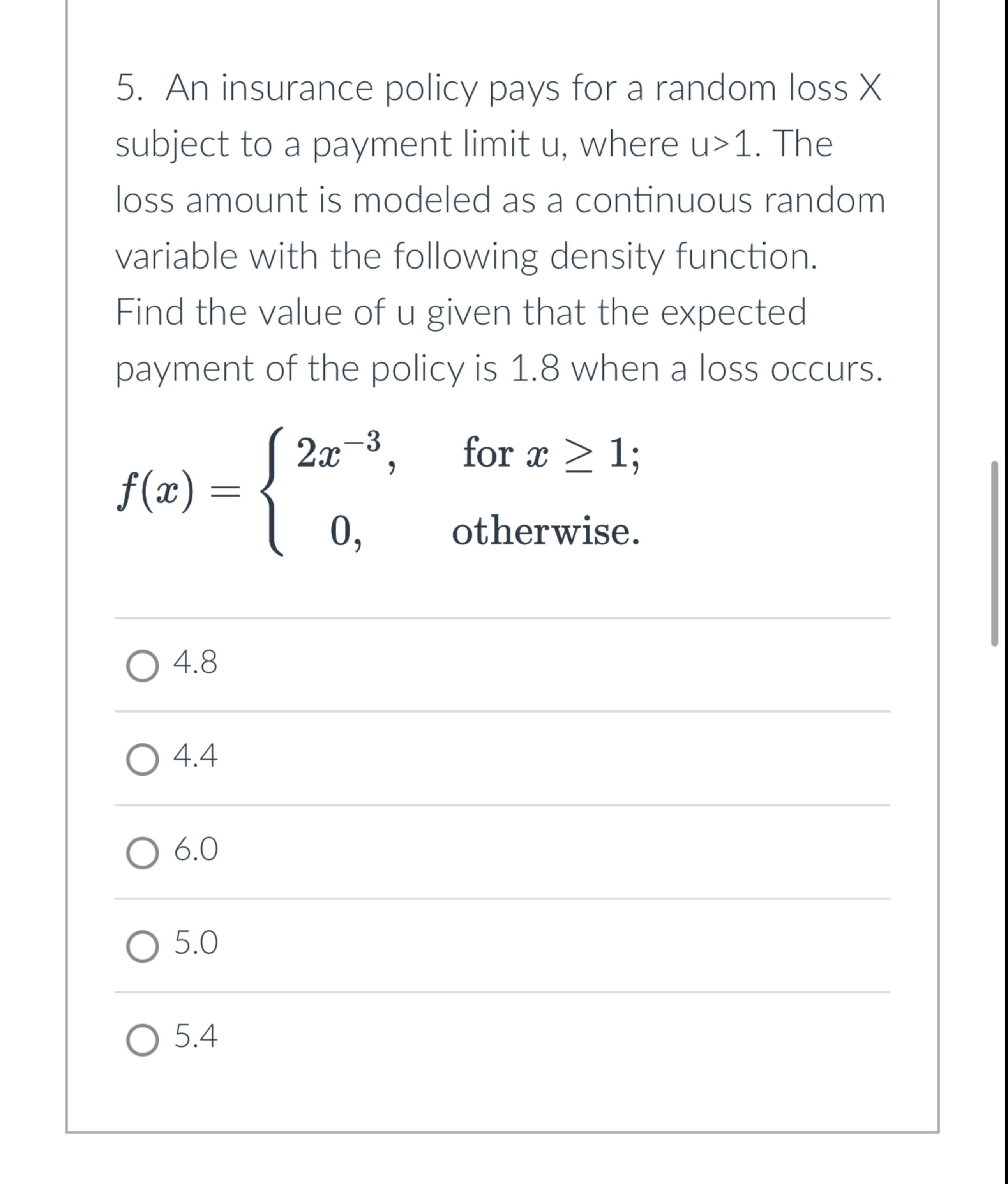 Solved An insurance policy pays for a random loss xsubject | Chegg.com