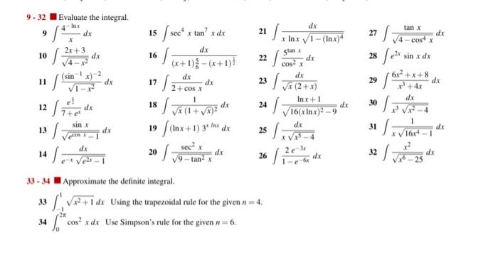 Solved 9. 32 Evaluate the integral. 4-Inx 9 dx 15 sec* x | Chegg.com