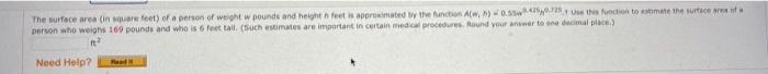 Solved The surface area (in quare feet) of a person of | Chegg.com