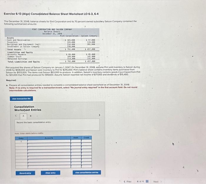 Solved Exercise 6-13 (Algo) Consolidated Balance Sheet | Chegg.com