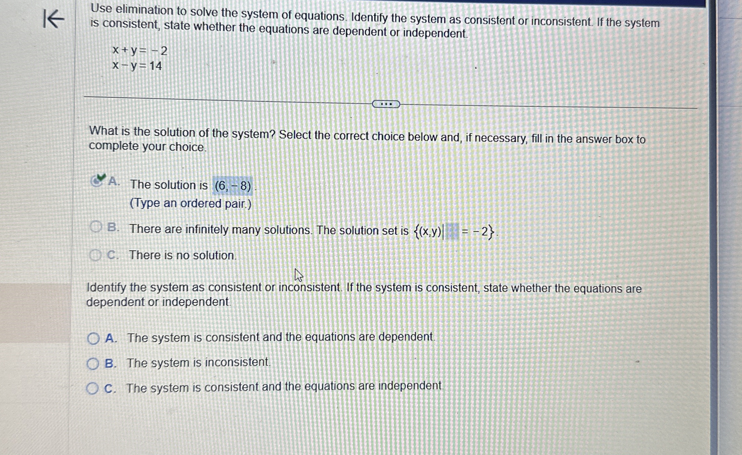 Solved Use elimination to solve the system of equations. | Chegg.com