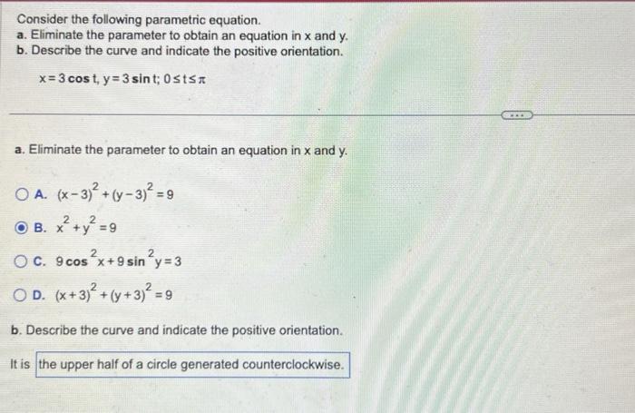 Solved Consider the following parametric equation. a. | Chegg.com