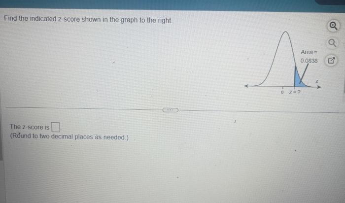 Solved Find the indicated z-score shown in the graph to the | Chegg.com