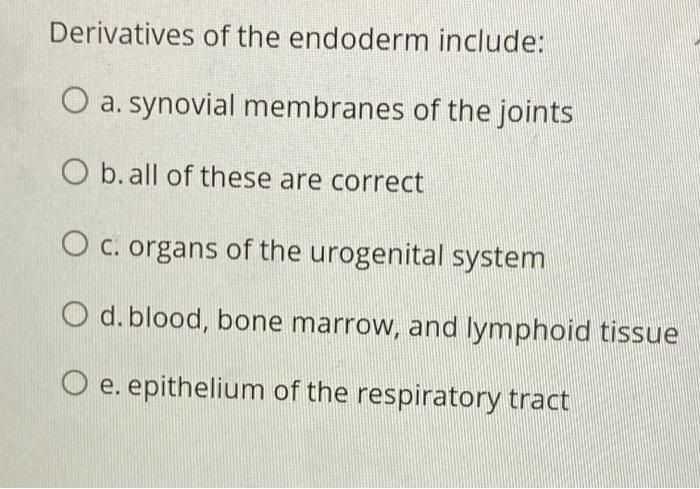 Solved Derivatives of the endoderm include: O a. synovial | Chegg.com