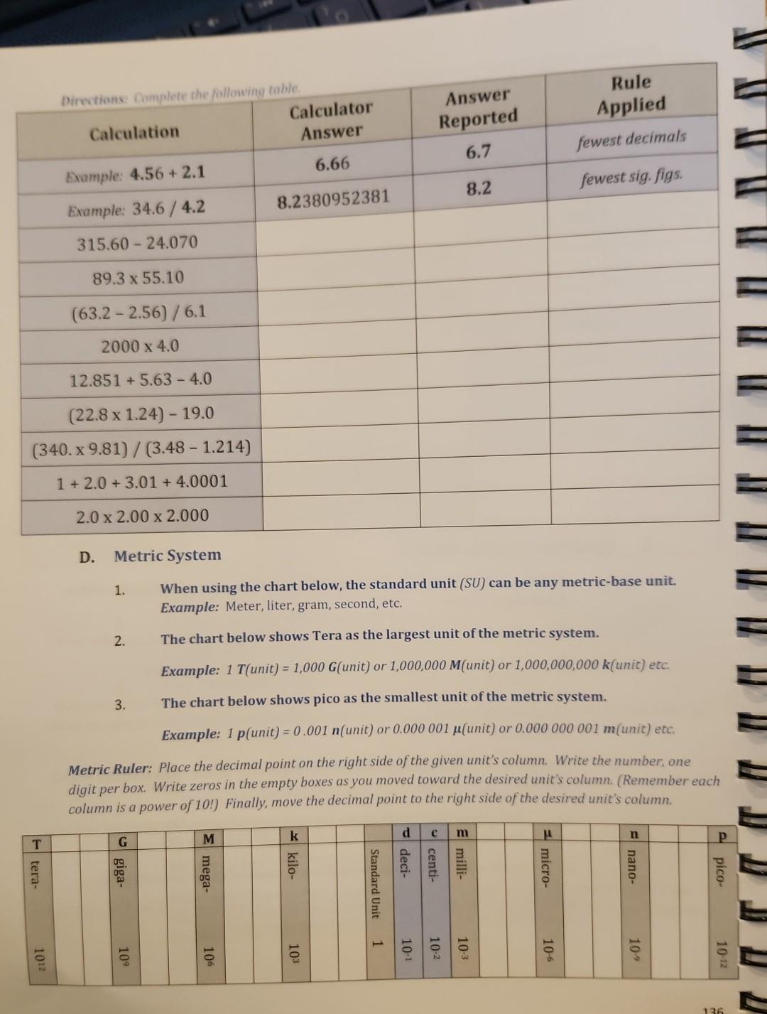 Solved D. Metric System 1. When using the chart below, the | Chegg.com