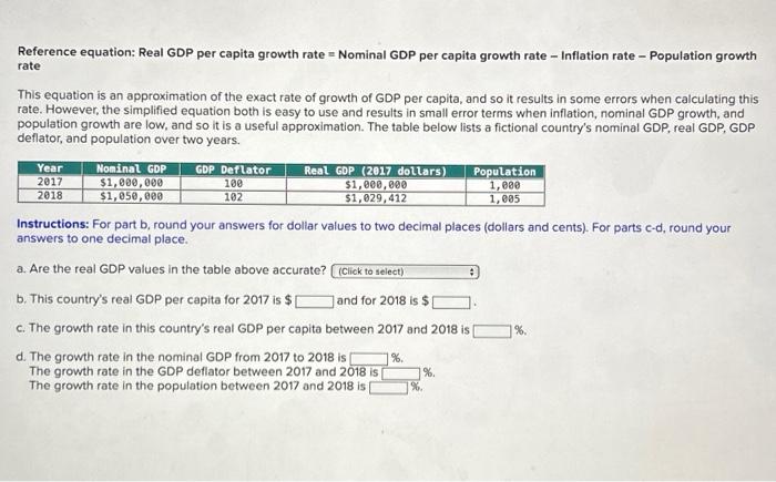Solved Reference equation: Real GDP per capita growth rate = | Chegg.com