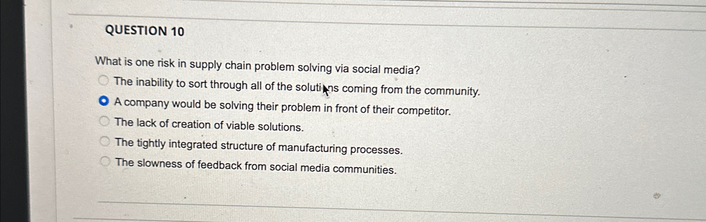 Solved QUESTION 10What is one risk in supply chain problem | Chegg.com