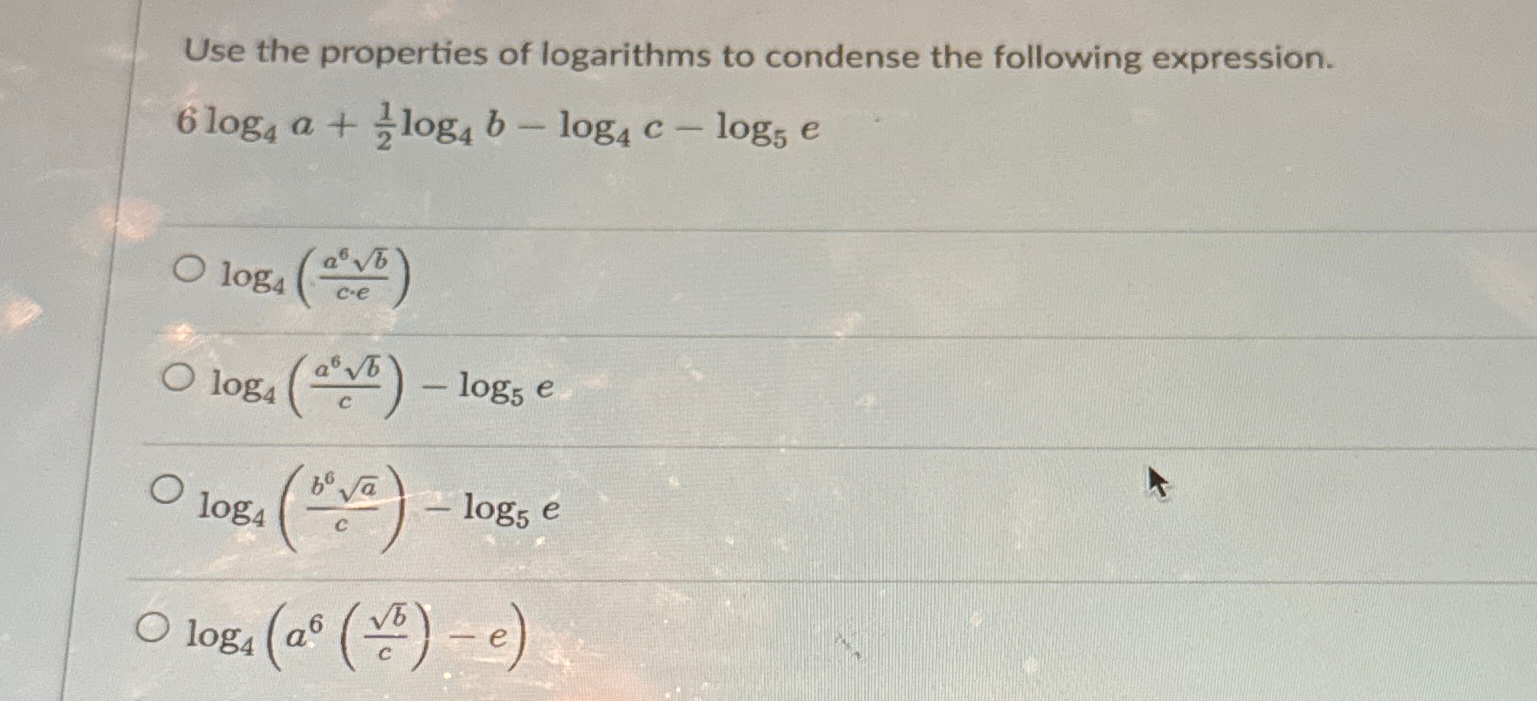 Solved Use the properties of logarithms to condense the | Chegg.com