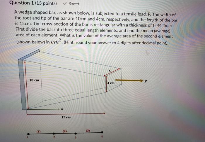 Solved Question 1 (15 points) Saved A wedge shaped bar, as | Chegg.com