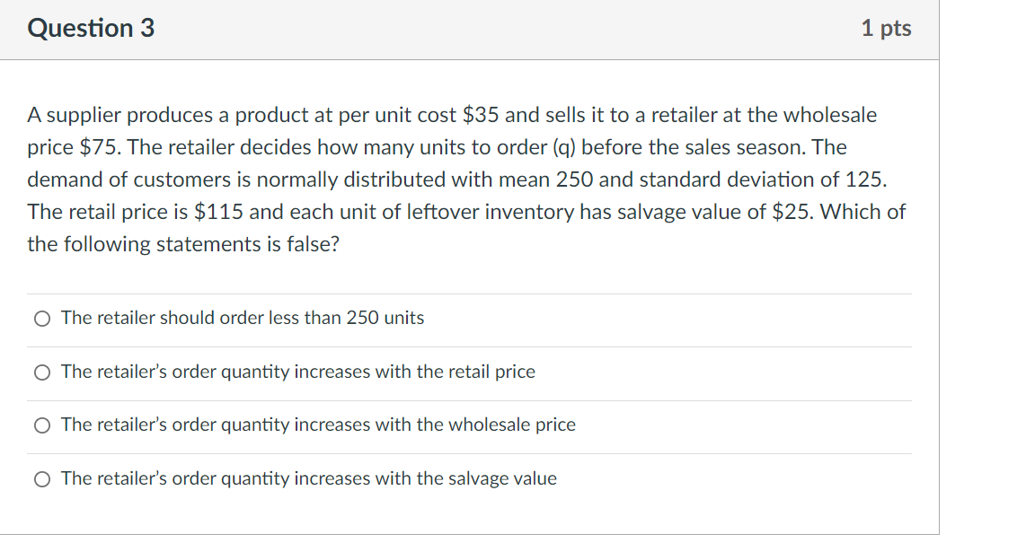 Solved Question 3A supplier produces a product at per unit | Chegg.com