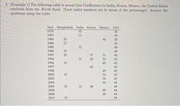 Solved 5. (Example 1) The following table is actual Gini | Chegg.com