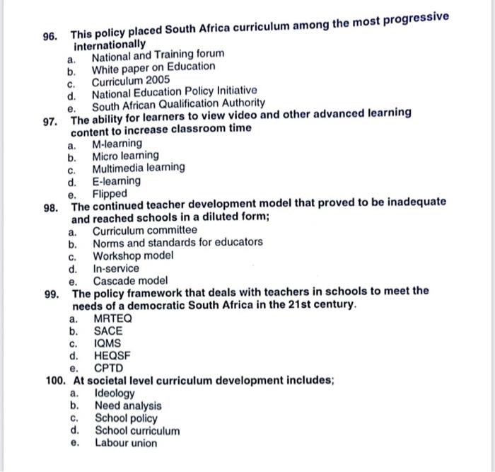 1. Curriculum on paper is known as; a. Curriculum in | Chegg.com