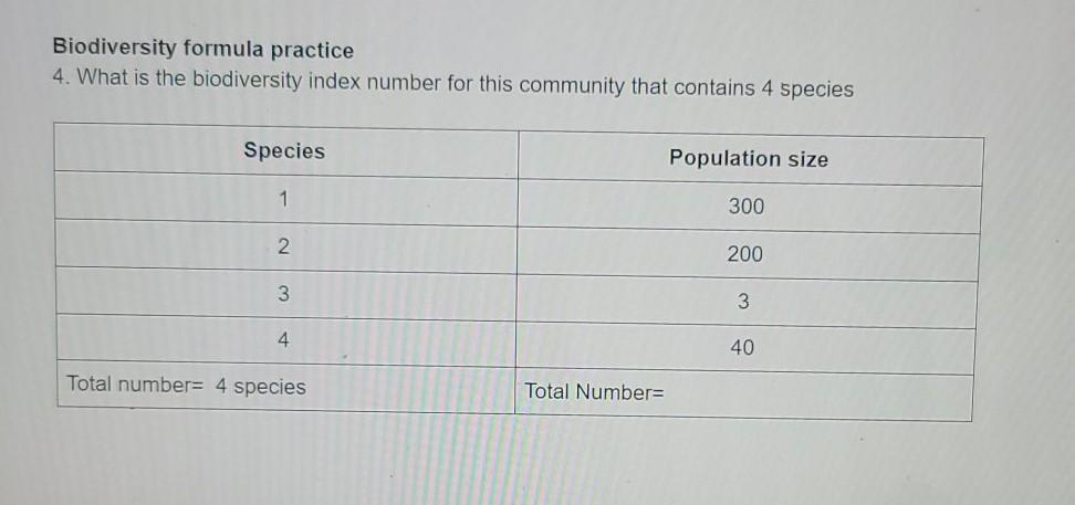 Solved Biodiversity formula practice 4. What is the | Chegg.com