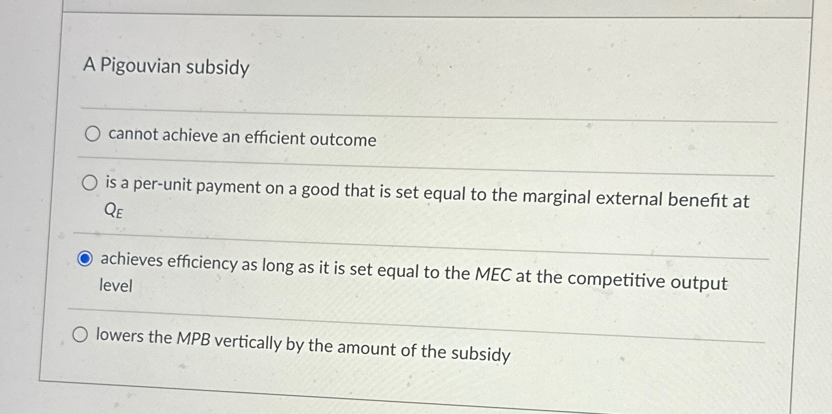 Solved A Pigouvian subsidycannot achieve an efficient | Chegg.com