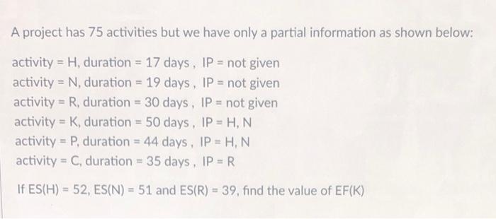 Solved A project has 75 activities but we have only a | Chegg.com