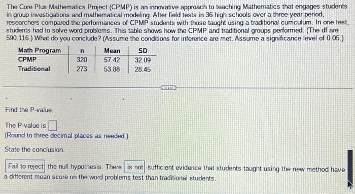 Solved The Core Plus Mathematics Pryoct (CPMP) is an | Chegg.com