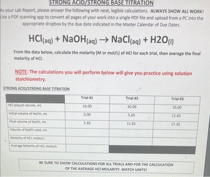 STRONG ACID/STRONG BASE TITRATION as your Lab Report, | Chegg.com
