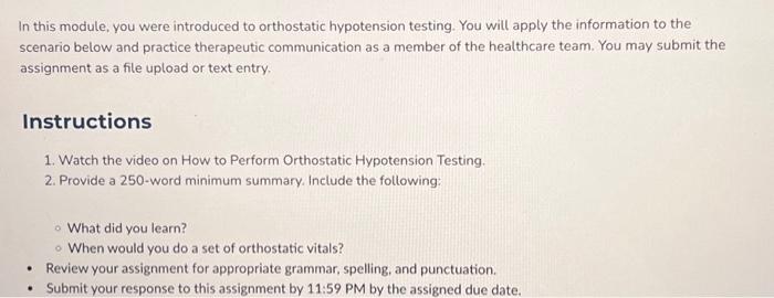 Solved In this module, you were introduced to orthostatic | Chegg.com