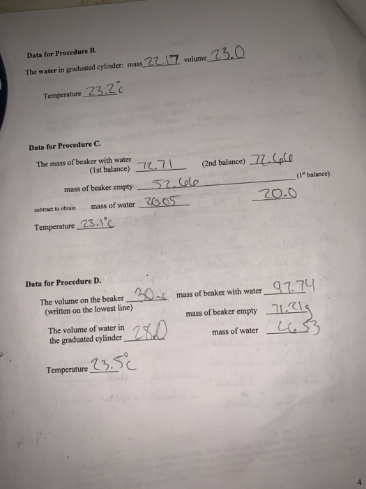 Solved Data for Procedure B. 7 volume 75.0 The water in | Chegg.com