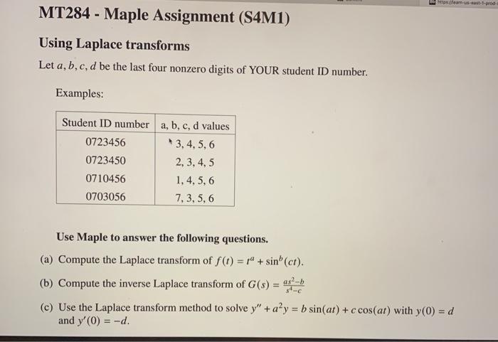 Solved MT284 - Maple Assignment (S4M1) Using Laplace | Chegg.com
