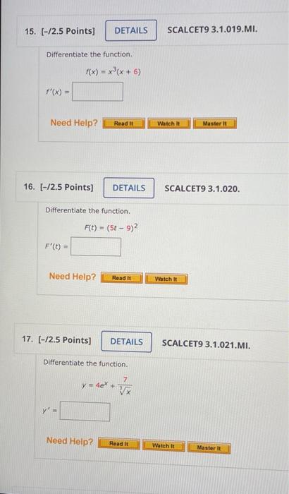 Solved 15. (-/2.5 Points] DETAILS SCALCET9 3.1.019.MI. | Chegg.com