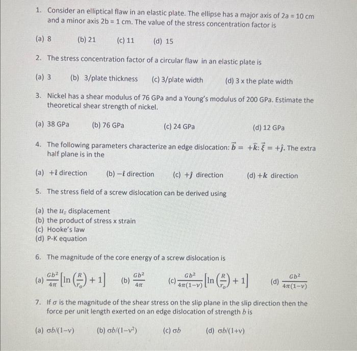 Solved 1. Consider an elliptical flaw in an elastic plate. | Chegg.com