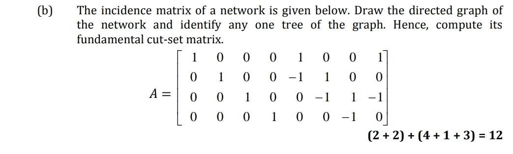 Solved (b) ﻿The incidence matrix of a network is given | Chegg.com
