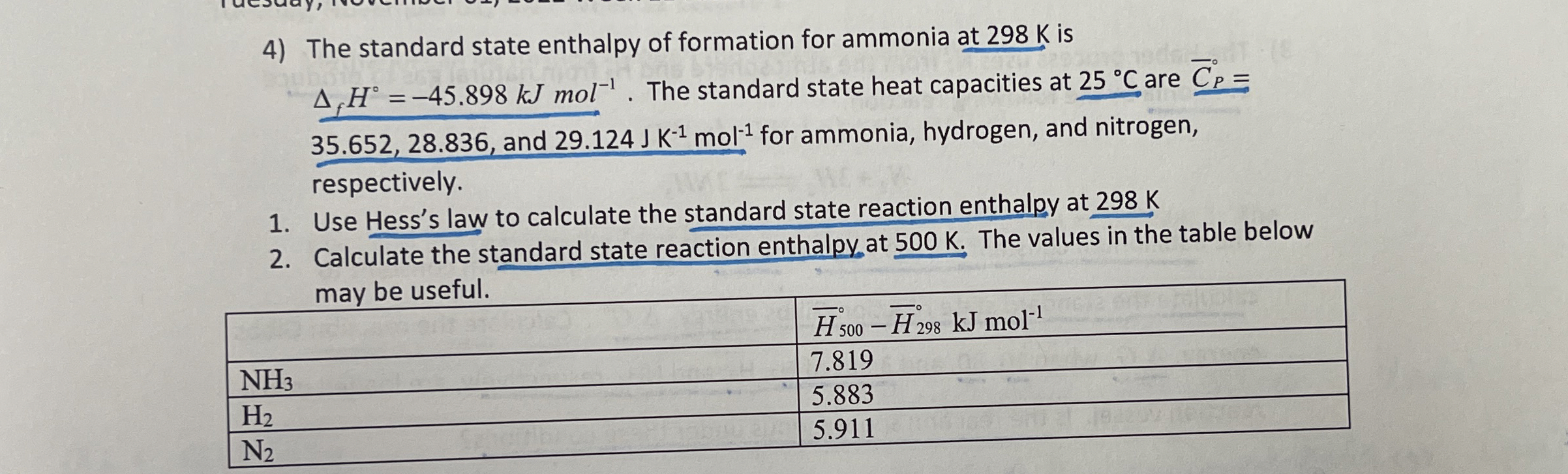 Solved The standard state enthalpy of formation for ammonia | Chegg.com