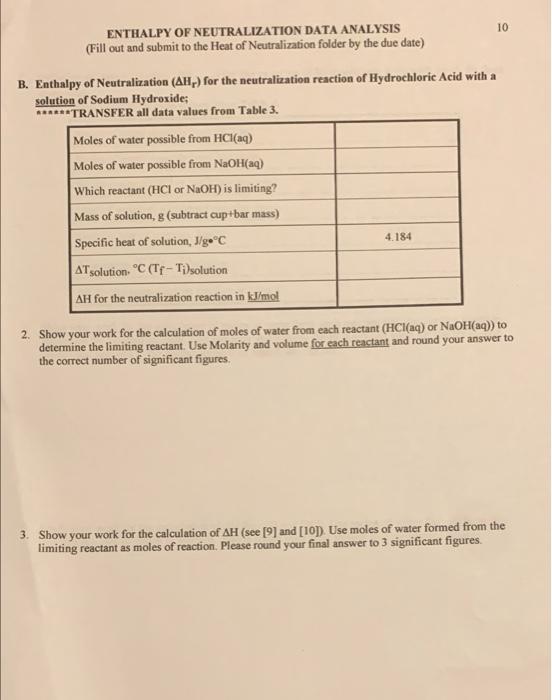 Solved Enthalpy of Neutralization data collection. please | Chegg.com