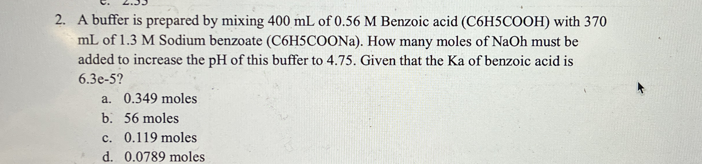 Solved A buffer is prepared by mixing 400 ﻿mL of 0.56 ﻿M | Chegg.com