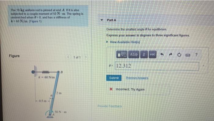 Solved The 10-Kg uniform rod is pinned at the end A. If it | Chegg.com