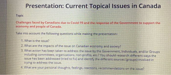 Solved Presentation: Current Topical Issues in Canada Topic | Chegg.com