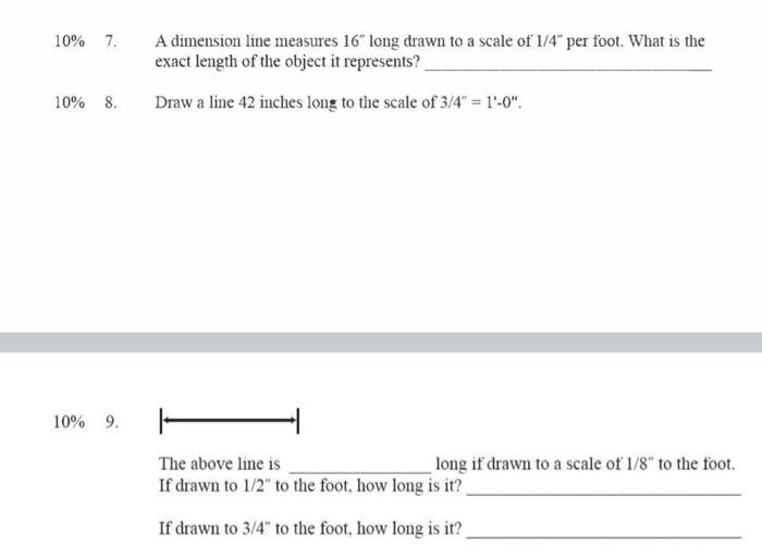 Solved 10% 7. A dimension line measures 16" long drawn to a | Chegg.com