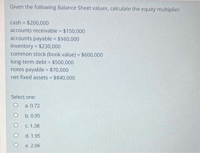 Solved Given the following Balance Sheet values, calculate | Chegg.com