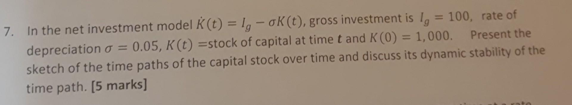 Solved 7. In the net investment model K˙(t)=Ig−σK(t), gross | Chegg.com