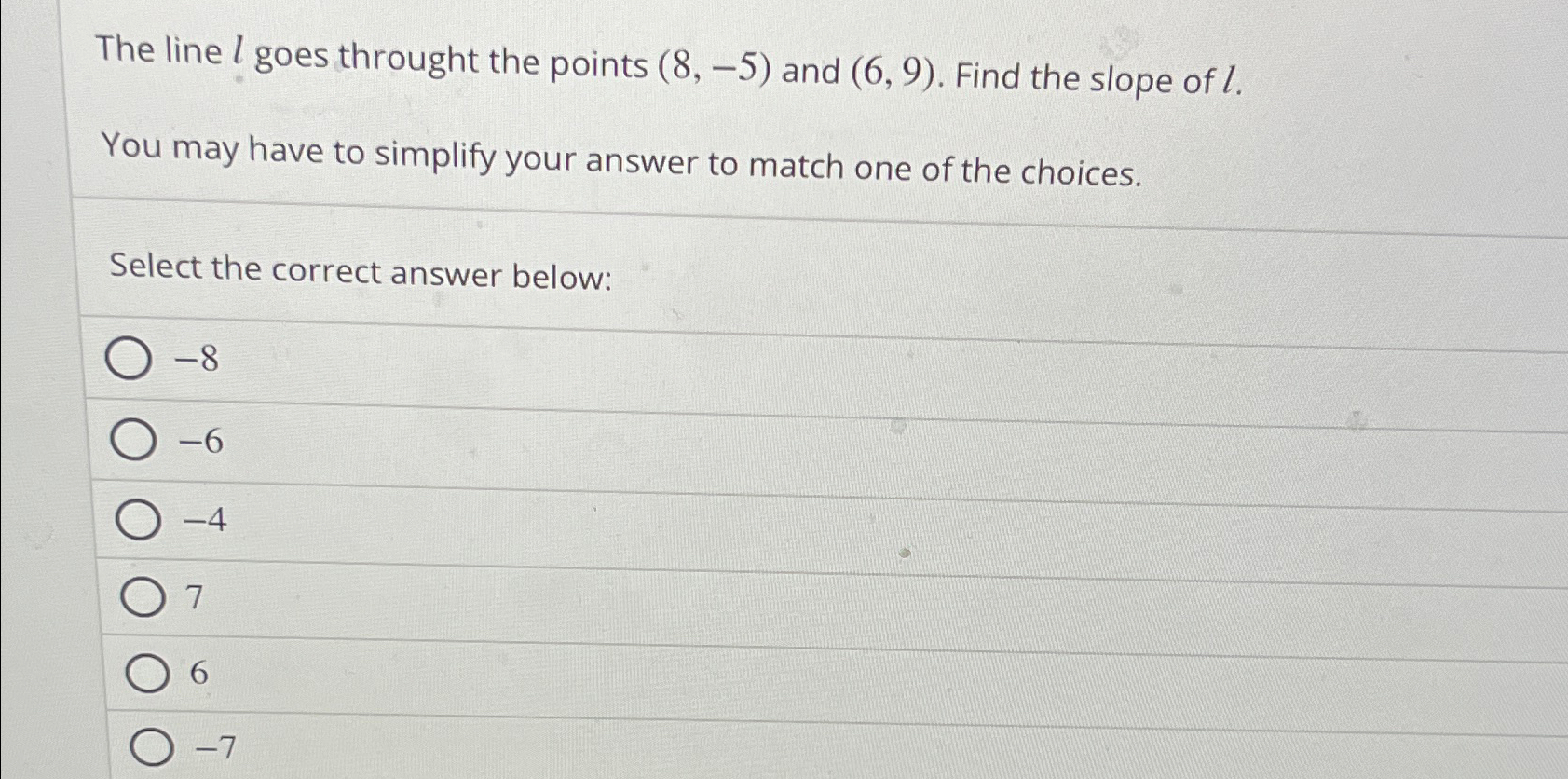 Solved The line l ﻿goes throught the points (8,-5) ﻿and | Chegg.com